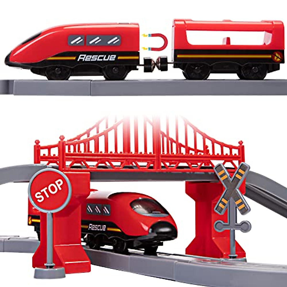 Train Sets for Boys 4-7, 66 Pcs Battery Operated Train Set with Tracks(Magnetic Connection), Compatible with Thomas, Brio, Chuggington, Gifts for 3 4 5 6 Years Old (66pcs Fire Truck)