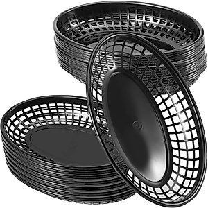 JAPCHET 60 Pack 9.4 x 6.1 Inch Black Fast Food Baskets, Oval Plastic Fast Food Serving Basket, Restaurant Serving Baskets for Burgers, Deli, Sandwiches, Fries, Easy Clean