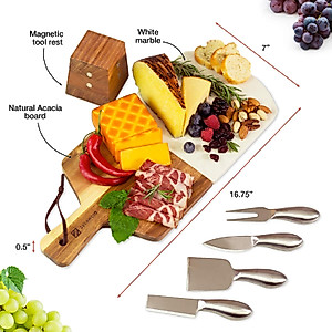 Zelancio Marble and Acacia Wooden Serving Cheese Board, 6 Piece Set Includes Stainless Steel Cheese Tools, Serving Paddle, Wood Cheese Knife Holder with Integrated Magnets