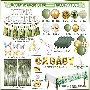 LFSTGN 209 Pcs Sage Green Baby Shower Decorations, Neutral baby shower decor Supplies - "OH BABY" Banner, Balloon, Tableware with Eucalyptus Leaf for 25 Guests