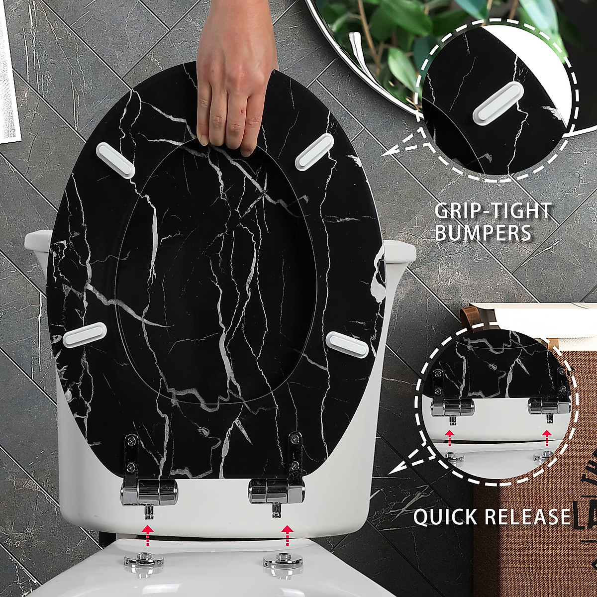 Angel Shield Marble Toilet Seat Durable Molded Wood with Quiet Close,Easy Clean，Quick-Release Hinges (Elongated,Black Marble)