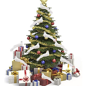 OHJ Artificial Feathered White Birds,Long Tail Artificial White Pigeon,Simulation Foam Craft Birds with Clips-on Christmas Tree Ornament Decorative Fake Doves,for Home Garden Wedding Decor (Pack of 6)