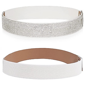 YooAi Rhinestone Elastic PU Leather Belt Shiny Crystal Stretch Waist Belt Wide Waist Band for Women Dress 95cm White