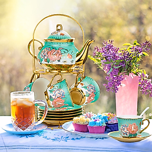 20 Pieces Porcelain Tea Set With Metal Holder, European Ceramic tea set for adults,Flower Tea Set,Tea Set For Women With Flower Painting (Large version, Green)