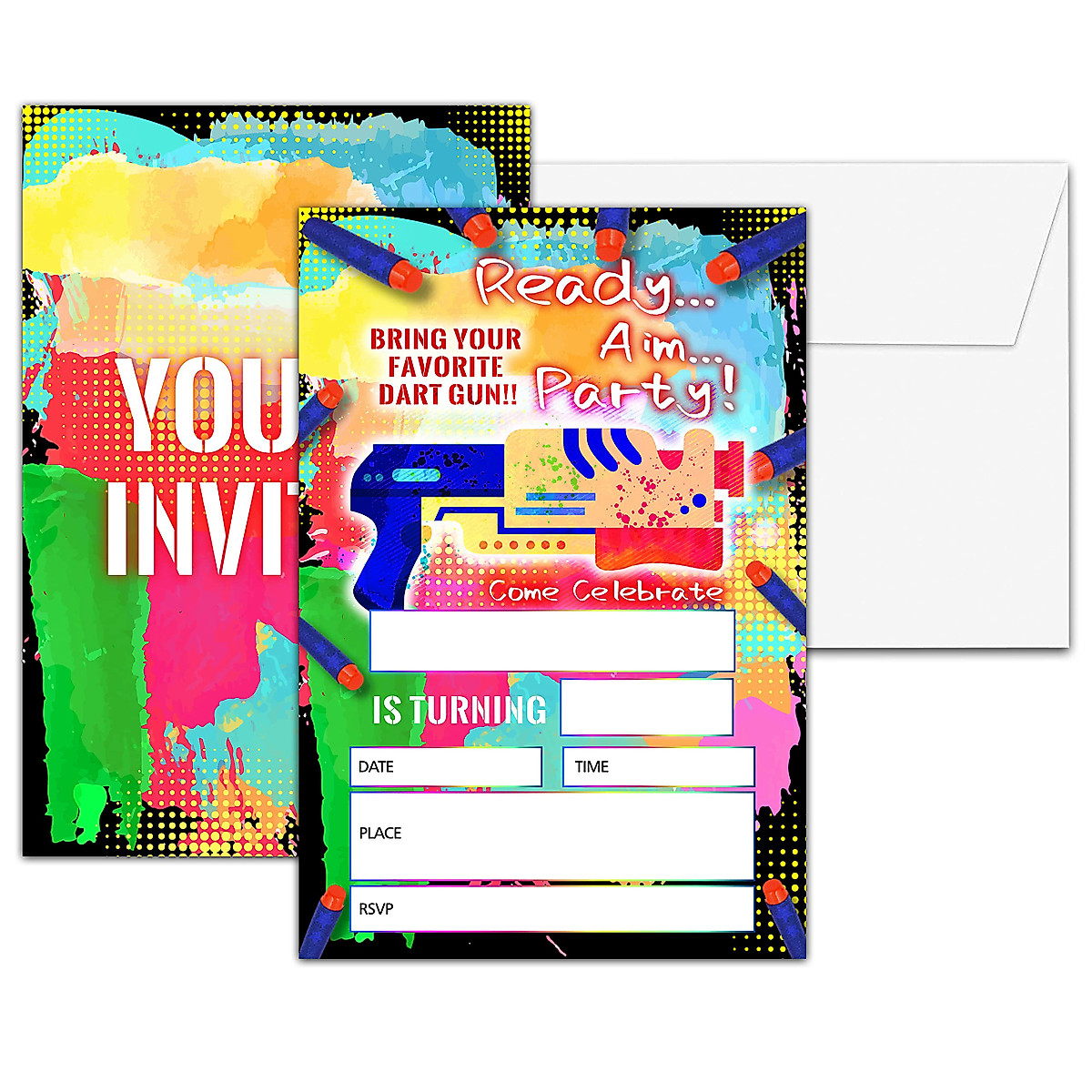 Chuxvon Dart Guns Birthday Party Invitations, Darts Birthday Invitation, Double-Sided Fill In Invites, Kids Dart Gun Birthday Party Decorations, 20 Cards With 20 Envelopes(C15)