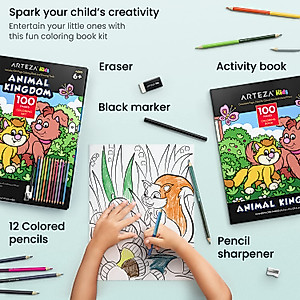 ARTEZA Kids Coloring Book and Colored Pencils Kit, Animal Kingdom Illustrations, 50 Double-Sided Sheets, 100lb Paper