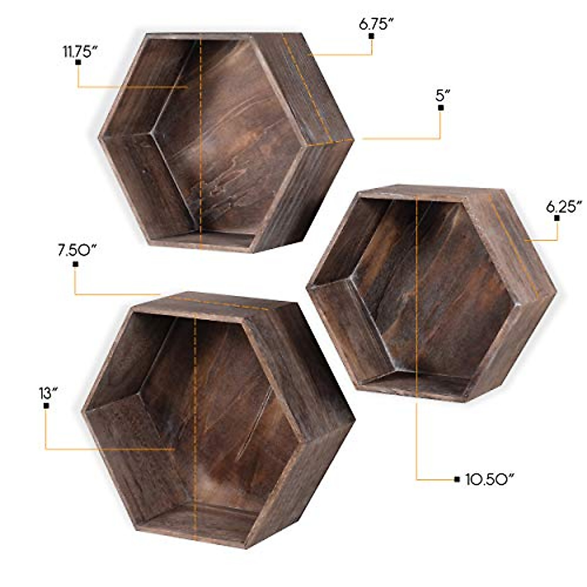Rustic State Brooks Wall Mount Hexagon Honeycomb Box Geometric Floating Shelf Display Hanging Bookshelf Decorative Picture Ledge with Wood Back - Distressed Walnut - Multi Sizes - Set of 3