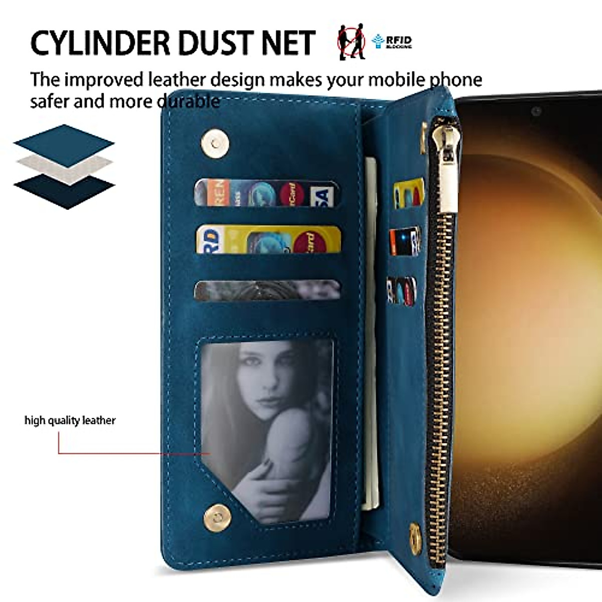 ZZXX Samsung Galaxy S23 Wallet Case with RFID Blocking Card Slot PU Leather Zipper Flip Folio with Strap Kickstand Protective Cover for Samsung Galaxy S23 Case Wallet(Blue-6.1 inch)