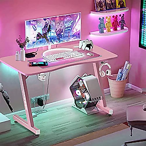 Vitesse 40 Inch Pink Gaming Desk,Pink desk,Pink Gaming Table,Cute Kawaii Computer Desk Z Shaped Girl Gamer Desk Workstation Home Office Desk with Carbon Fiber Surface and Headphone Hook (Z Shape Leg)