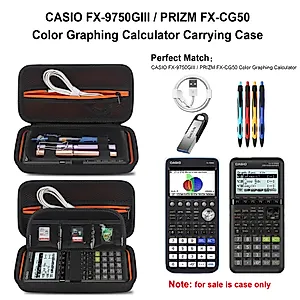 Elonbo Carrying Case for CASIO FX-9750GIII / PRIZM FX-CG50 Color Graphing Calculator, Extra Zipped Pocket Fits Charging Cable, Charger, Manual, Black