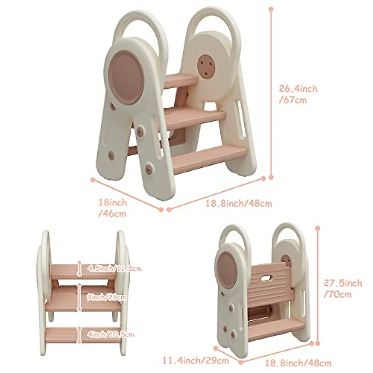 Benarita Step Stool for Toddler 3 Step Stool, Kids Foldable Step Stool for Bathroom Sink, Kitchen Counter Standing Tower, Step Ladder with Handles and Non-Slip Pads for Toilet Potty Training,Pink