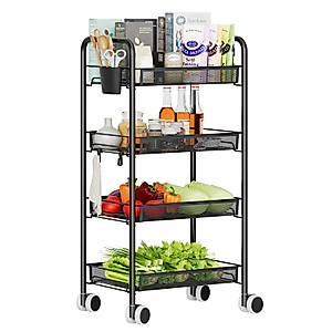 DMplus 4-Tier Metal Rolling Cart on Wheels with Baskets, Easy Carry and Assemble Multifunction Utility Cart with Practical Bucket and Hooks, Black MRC01B