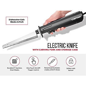 Chefman Electric Knife with Bonus Carving Fork & Space Saving Storage Case Included One Touch, Durable 8 Inch Stainless Steel Blades, Rubberized Black Handle, BPA Free, 120 Volts and Watts