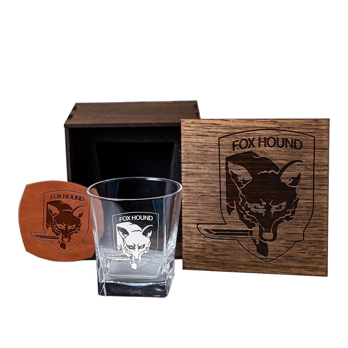 Handcrafted Whiskey Gift Set with Custom Glass, Engraved Wood Box, and Leather Coaster - Stylish Gifts for Game Fan - Unique Present for Him (Fox Hound)