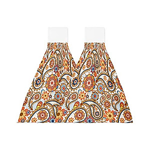 2PCS Hand Tie Towels Kitchen Towel-Colorful Paisley Indian Ethnic Style Decor Bathroom Hanging Towel Tea Bar Dish Cloth Soft Fleece Absorbent Washcloth,Watercolor Flower Abstract Art