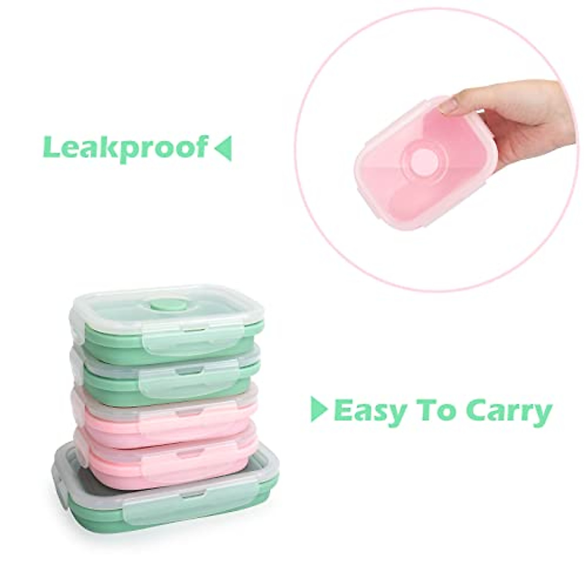 Wolecok Silicone Collapsible Food Storage Containers - Foldable Bento Lunch Boxes with BPA Free Airtight Plastic Lids,Set of 5 Pack