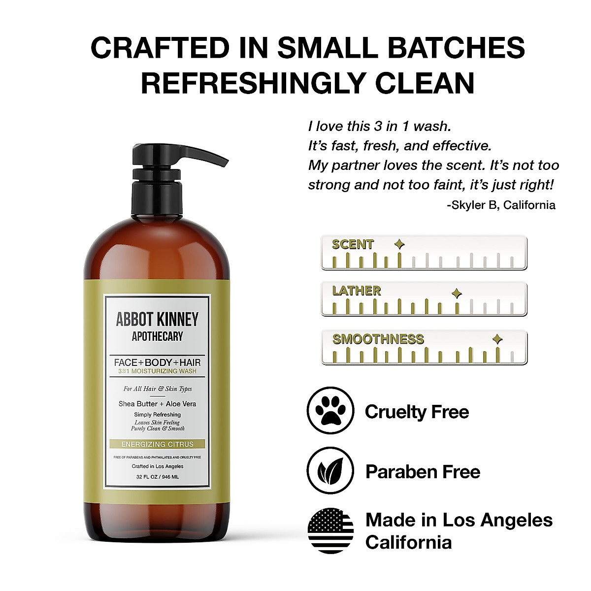 Men's 3-in-1 Wash, Moisturizing Shampoo, Conditioner, and Body Wash for Men, Suitable for All Skin and Hair Types, 32oz - Abbot Kinney Apothecary (Energizing Citrus)