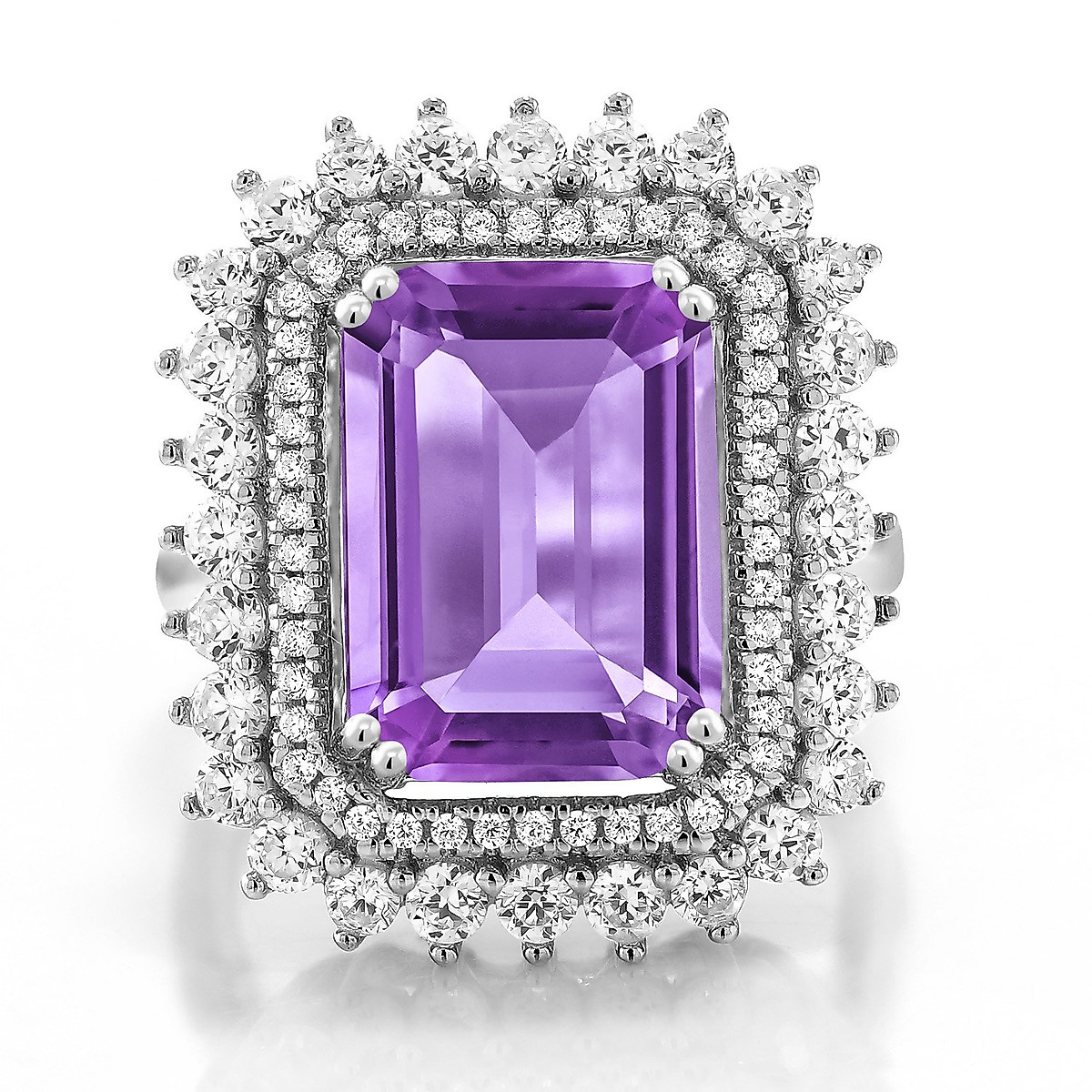 Gem Stone King 925 Sterling Silver Purple Amethyst Women Ring (7.60 Ct Emerald Cut 14X10MM) (Size 9)