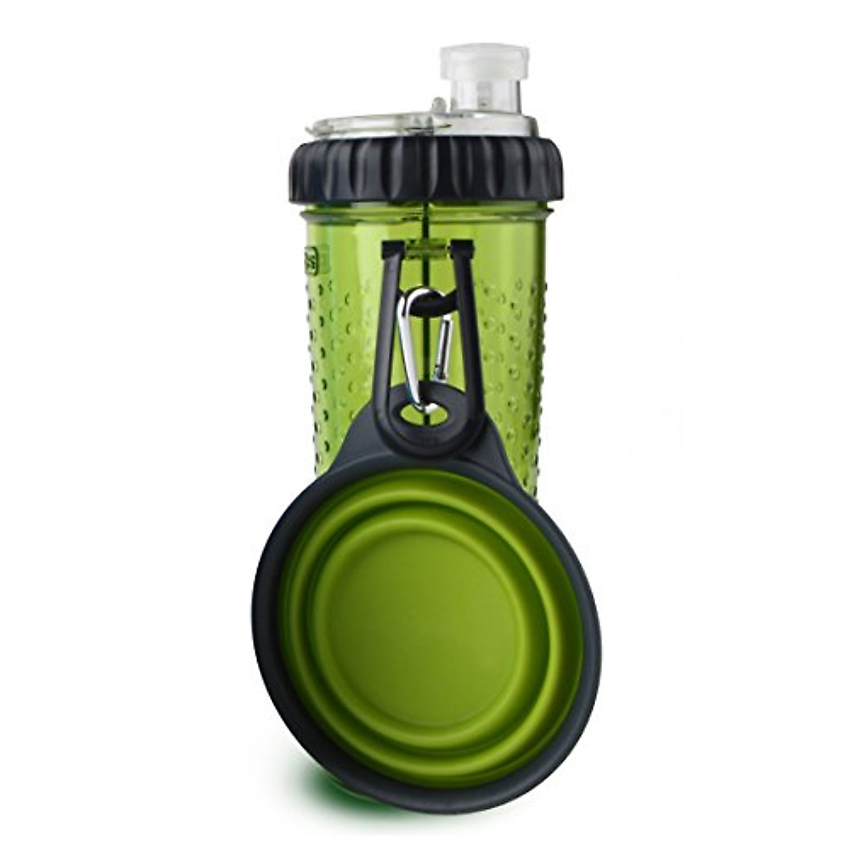 Dexas Popware for Pets Snack Duo Dual Chambered Hydration Bottle and Snack Container with Collapsible Pet Cup, Green