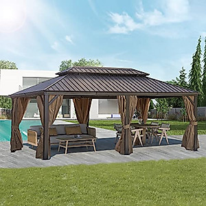 EMKK 12'x20' Gazebo Double Aluminum Composite Roof Permanent Pavilion Gazebo Outdoor Hardtop Aluminum Frame Canopy with Curtains and Netting for Backyard Patio Lawn Garden,Alu Gazebo w/Steel Canopy