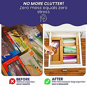 Homestaysis Premium Bamboo Ziplock Bag Storage Organizer for Kitchen Drawer, 4 Separate Box Organizer w/Plastic Bag Drying Rack, Baggie Holder Dispenser Compatible w/Gallon, Quart, Sandwich