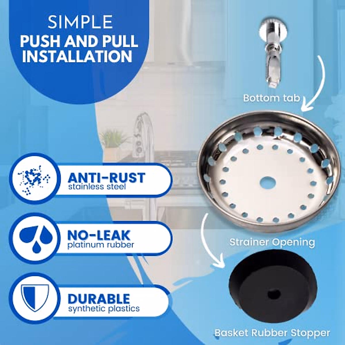 (2-Pack) Kitchen Sink Strainer with Stopper - Replacement Stainless Steel Strainer with Rubber Stopper Bottom - Fits Standard 3 1/2” Drains with Rectangular Center Hole - Post-Style Strainer Baskets