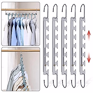 Space Saving Hangers Upgraded - 5 Pack Adjustable 6 to 9 Holes Magic Clothing Hangers, Sturdy Metal Closet Organizers and Storage Hangers Space Saving for Heavy Clothes, College Dorm Room Essentials