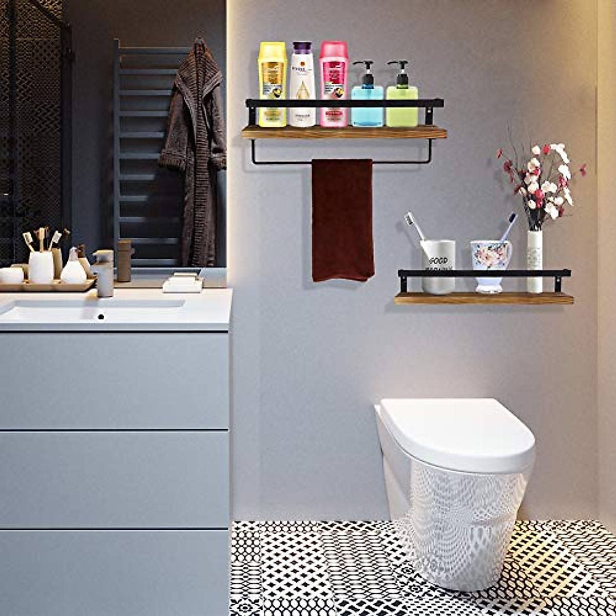 Normei Wood Floating Shelves Floating Shelves Wall Mounted Rustic Wood Shelves with Towel Holder for Bathroom, Kitchen, Set of 2 (Carbonized Black)