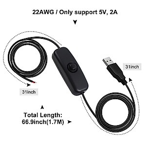 RGBZONE 2Pcs 5.58FT 5V USB Switch Extension Cable, USB 2.0 A Male Plug and 2 Pin 2 Wire Power Charge Cable Connector DIY for 5V USB Fan, LED Strips, Desk Lamp, Driving Recorder LED Strip-Black