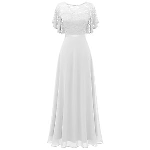DRESSTELLS Chiffon Formal Wedding Guest Dresses for Women, Romantic V-Back Short Sleeve Maxi Bridesmaid Prom Party Evening Cocktail Dress for Teens, 2025 Spring, White S