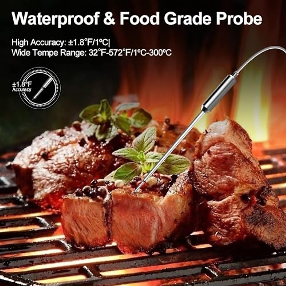Cloud BBQ 500FT Wireless Meat Thermometer, Smart Rechargeable BBQ Thermometer with Four Probes, Bluetooth Meat Thermometer for Somker, Oven,Grilling, Cooking Turkey Fish Beef (FS-66)