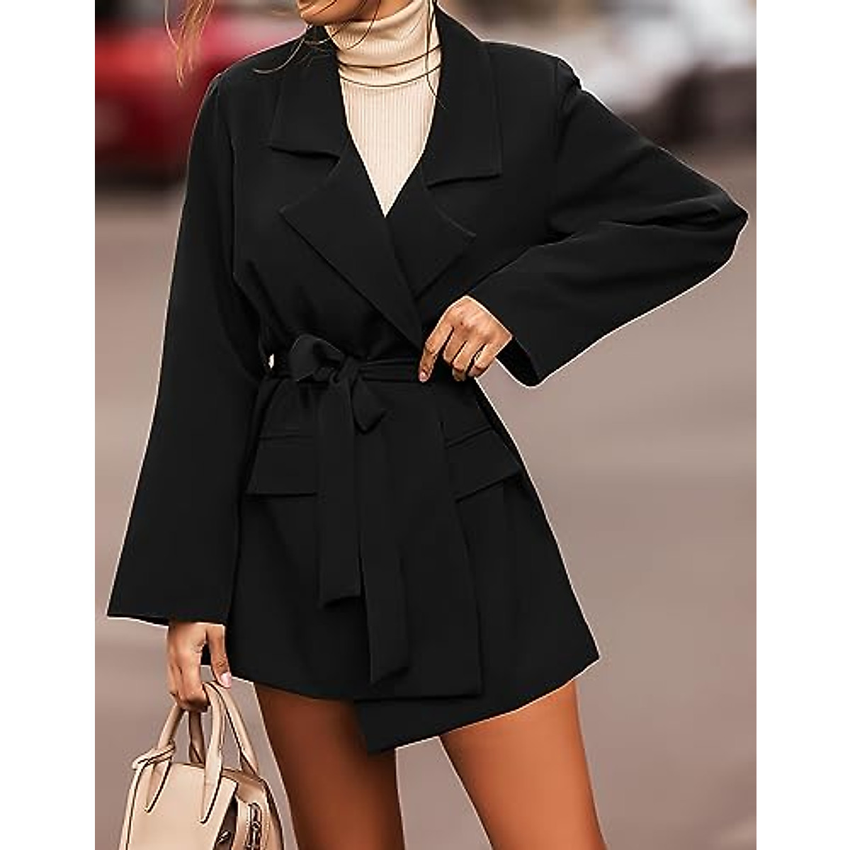 ZESICA Women's 2023 Blazers Long Sleeve Lapel Open Front Oversized Business Work Office Jackets Blazer with Belt,Black,Medium