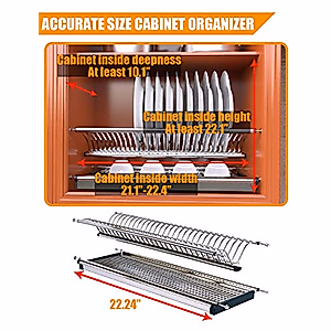 Kitchen Hardware Collection 2 Tier Cabinet Dish Drying Rack Stainless Steel 22.24 Inch Length 20 Dish Slots Kitchen Plate Bowl Utensils Cups Draining Rack Organizer with Drainboard