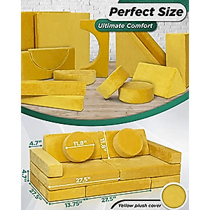 Lunix LX15 14pcs Modular Kids Play Couch, Child Sectional Sofa, Fortplay Bedroom and Playroom Furniture for Toddlers, Convertible Foam and Floor Cushion for Boys and Girls, Yellow