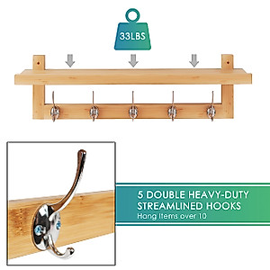 SMIBUY Coat Hooks with Shelf Wall-Mounted, 29.2 Inch Entryway Coat Rack for Wall, Bamboo Hanging Shelf with 5 Double Metal Hooks for Bathroom, Bedroom, Kitchen, Living Room, Mudroom (Natural)