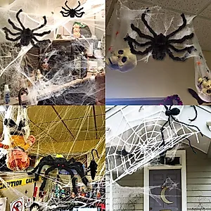 Halloween Decorations Spider Web Triangular Mega Outdoor Graveyard Decor Stretch Cobweb Set Scary Props Shooter with Black Spider