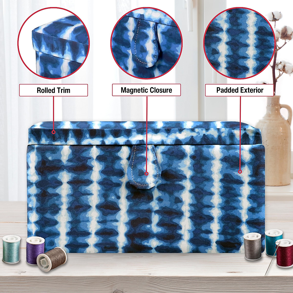 SINGER Large Sewing Basket with Notions & Matching Pin Cushion | Sewing Kit & Storage with Scissors, Tape Measure, Thread, & More (Blue Tie Dye)
