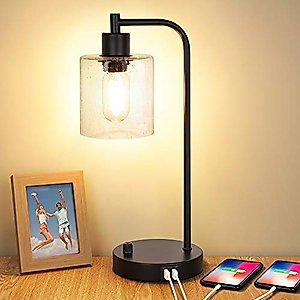 MAXvolador Industrial Table Lamp with 2 USB Ports,Fully Stepless Dimmable Vintage Nightstand Desk Lamp, Seeded Glass Shade Bedside Reading Lamp for Bedroom,6W 2700K LED Bulb Included
