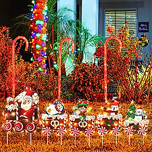 Christmas Train Yard Signs with LED Lights - Christmas Tree Santa Elf Snowman Train Set Lawn Signs with Stakes for Holiday Xmas Lawn Garden Yard Decorations Outdoor, 5 Pack