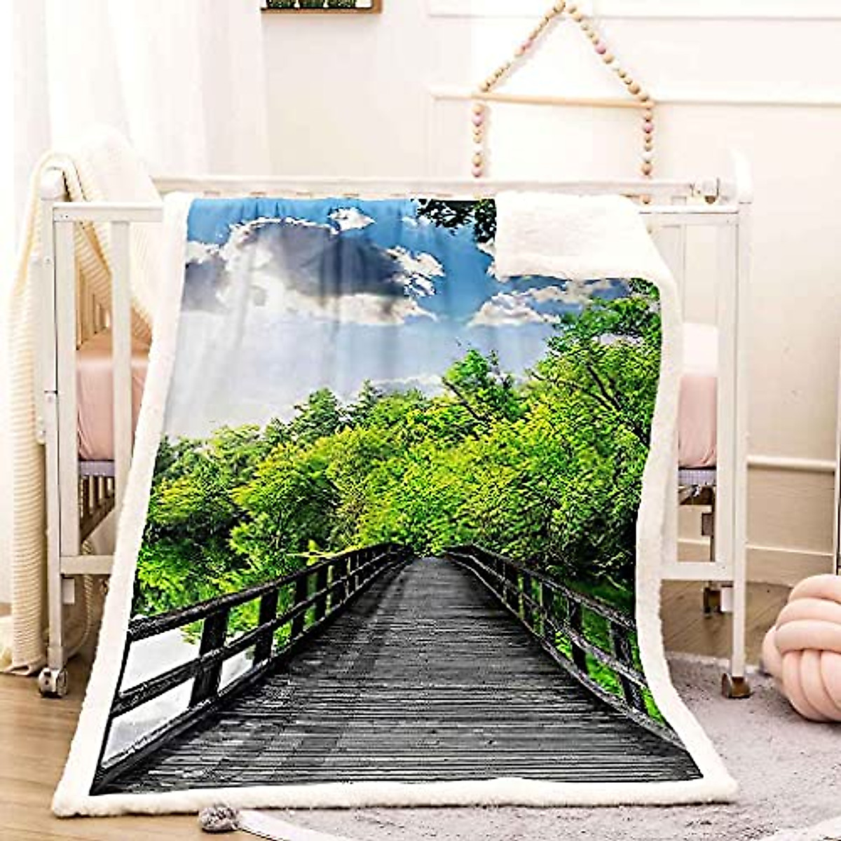NARBOR Soft Fleece Throw Blanket - Fluffy Microfiber Solid Blankets for Bed and Couch Double/Single Size - 59X79Inch Wooden Bridge Trees Landscape Printed Flannel Blanket for Bed, Couch and Sofa