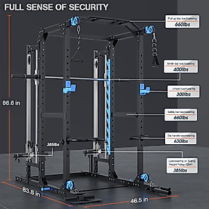 Multifunctional Power Cage Rack with Cable Crossover/Smith Machine System, LAT-Pull Down System,Squat Rack and More Training Attachments for Home Gym