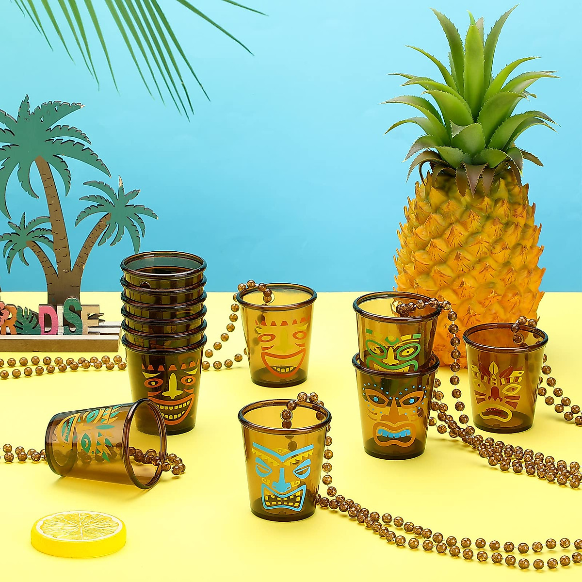 Janmercy 12 Pcs Tiki Shot Glasses on Beaded Necklace Hawaiian Plastic Shot Glass Necklaces Brown Funny Tiki Shot Necklace Cups for Summer Hawaiian Adult Teen Bachelorette Birthday Party Favor, 6 Style