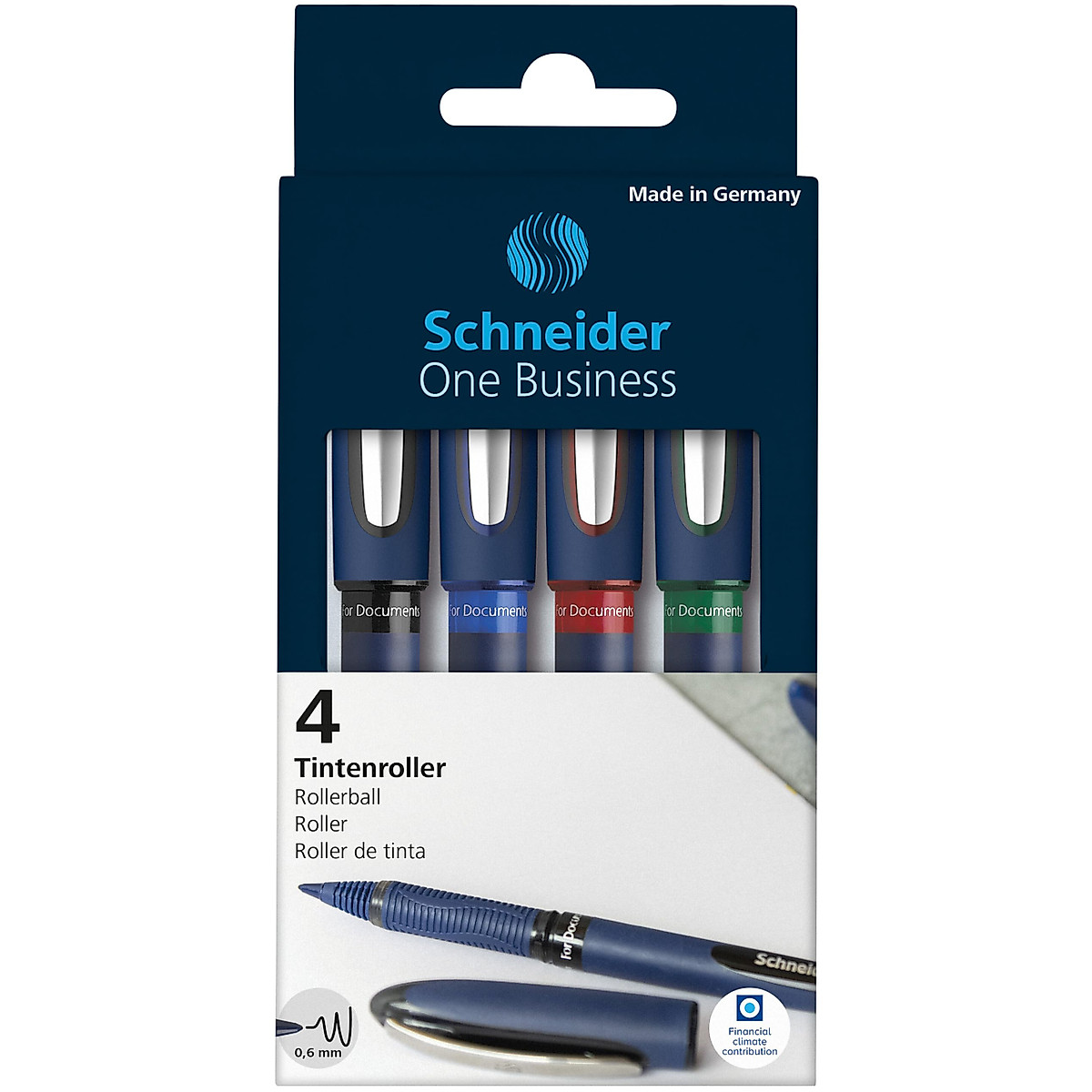 Schneider One Business Rollerball Pen, 0.6 mm Ultra-Smooth Tip, Blue Barrel, Four-Pack, One Each of: Black, Red, Blue, Green (183094)