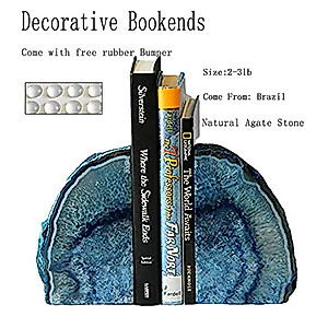 JIC Gem Dyed Blue Agate Bookends 2 to 3 Lbs Polished Geode 1 Pair with Rubber Bumpers for Office and Home Decoration Small Size