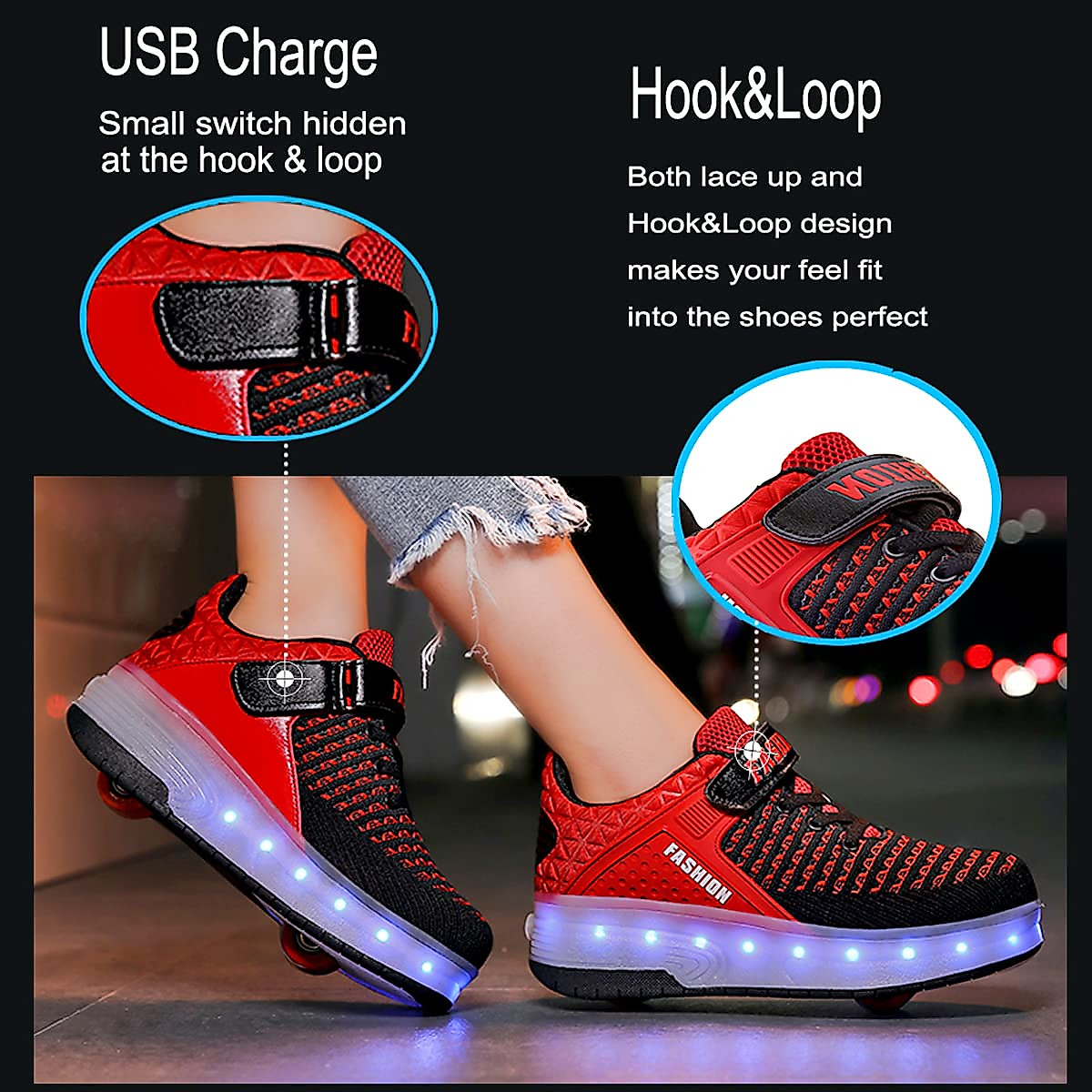 AIkuass Roller Shoes USB Rechargeable Wheely Shoe LED Light Up Skate Shoes Breathable Sport Sneakers for Boys Girls Christmas Thanksgiving Gifts