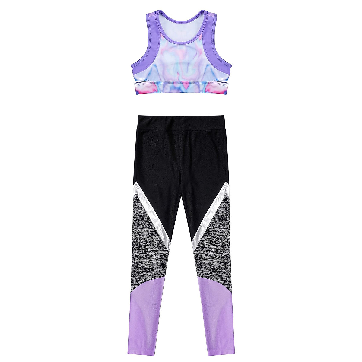 TiaoBug Kids Girls 2 Pieces Sport Sets Printed Crop Vest Tops and Leggings Tracksuit for Yoga Dance Lavender 6 Years