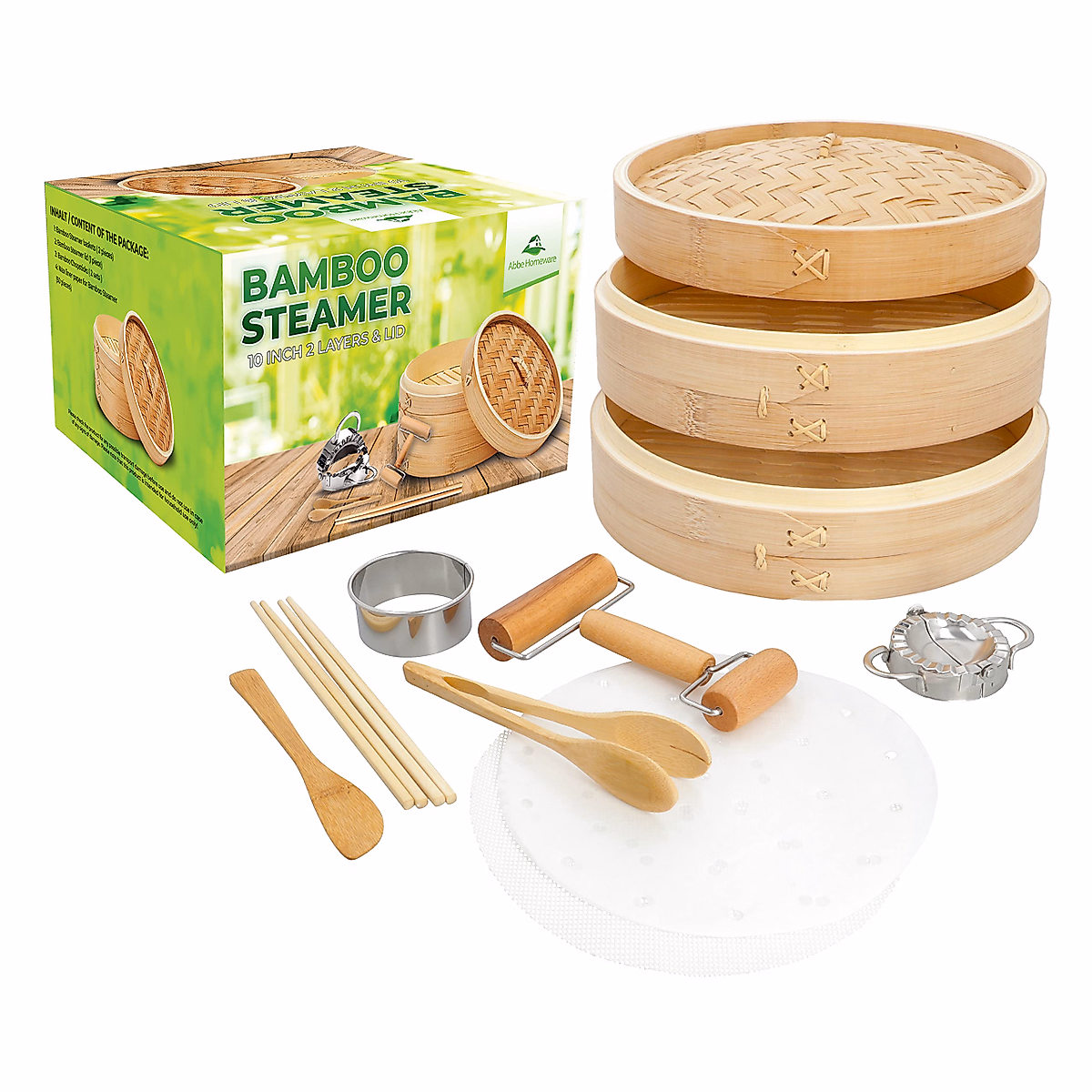 Bamboo Steamer 10 Inch - Basket 2 Tier Steam Cooker Pot for Rice, Dim Sum, Fish, Vegetable & Meat – Set of Two Bamboo Chopsticks, Steamer Liner and Steamer Basket
