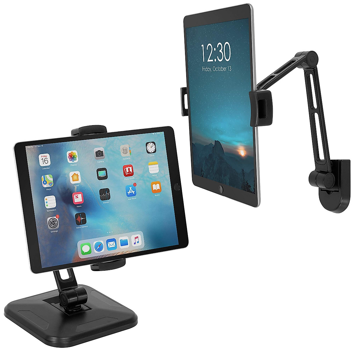 Mount-It! Adjustable iPad Wall and Counter Mount [Fits Screens 4.7" to 12.9"] 360 Degree Full Motion Rotation and Swivel Desktop Tablet and Phone Stand, Large Base, Holder Cabinet (Black)