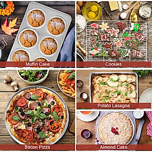 Toaster Oven Bakeware Set, E-far 6-Piece Stainless Steel Small Baking Pan Set, Include Cake Brownie Pan/Cookie Sheet with Rack/Muffin Tin/Pizza Pan, Non-Toxic & Healthy, Easy Clean & Dishwasher Safe