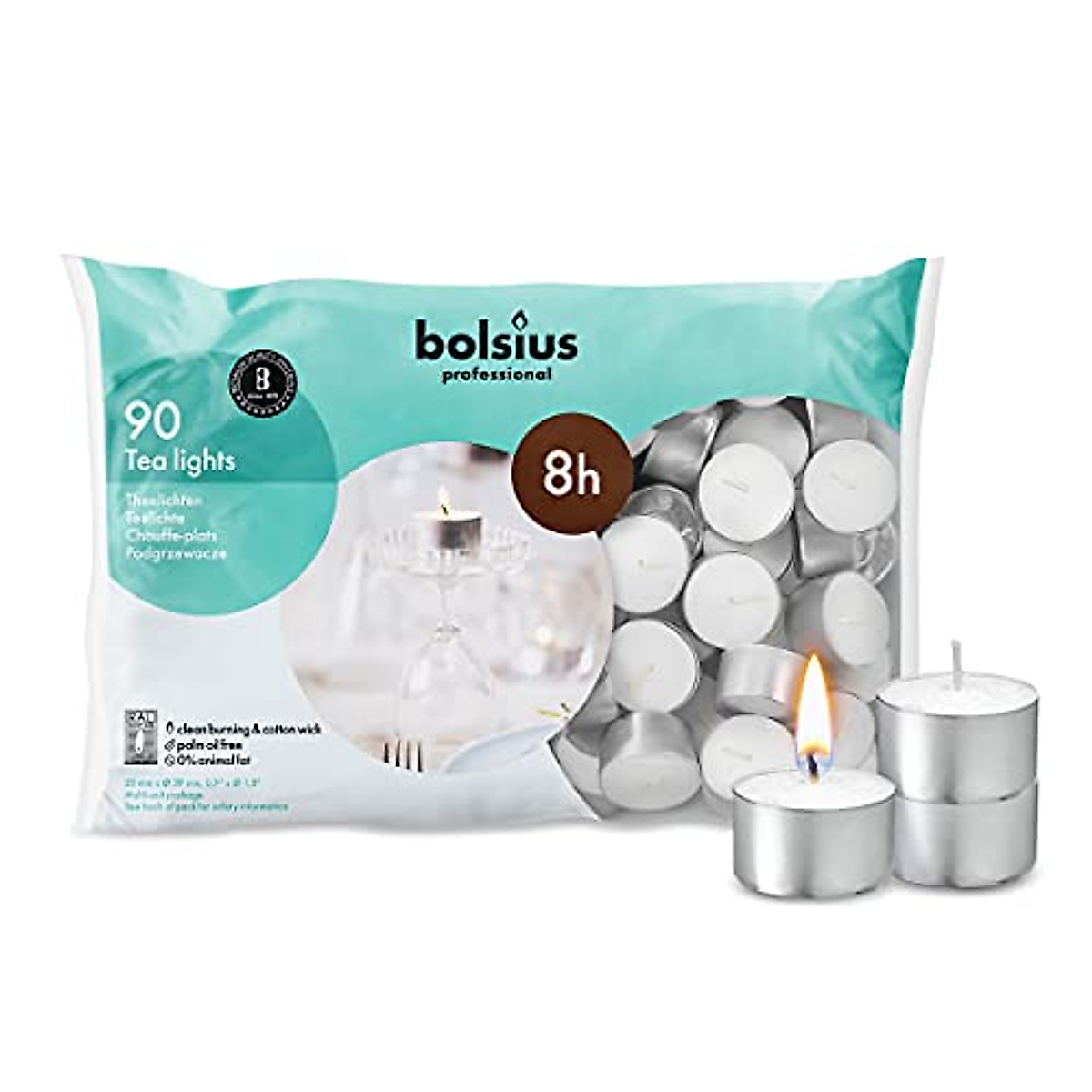 BOLSIUS Tea Lights Candles - Pack of 90 White Unscented Candle Lights with 8 Hour Burning Time - Tea Candles for Wedding, Home, Parties, and Special Occasions